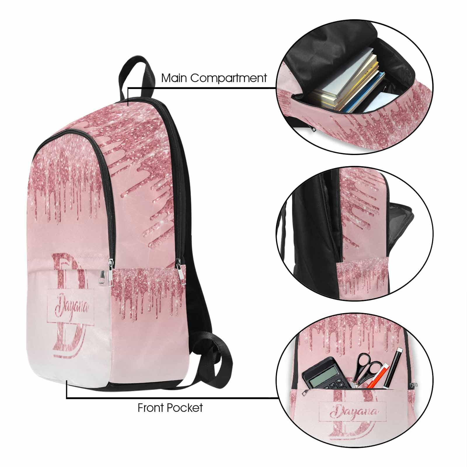 Personalized School Backpack for Elementary Boys Girls with Name Pink Glitter Pattern Waterproof Custom Bookbag for Daughter Son Fashion Unique Customized Gift Book Bag Back Pack