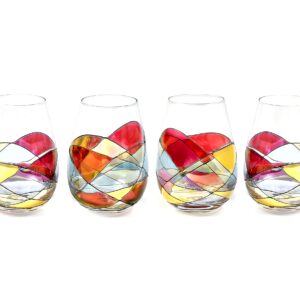 Stemless Wine Glasses Set 4 Sagrada Barcelona Hand Painted Mouth Blown Unique Gifts