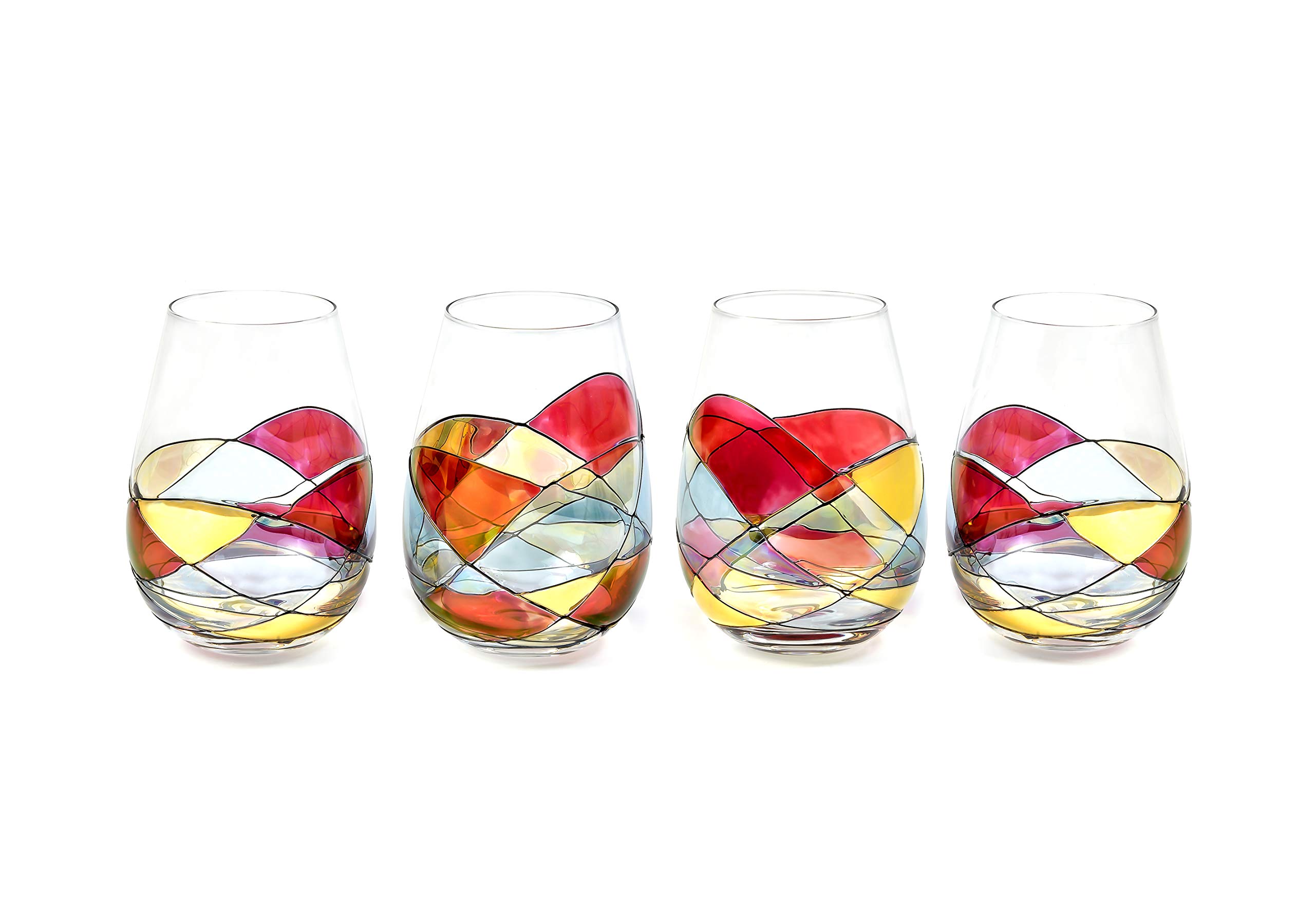 Stemless Wine Glasses Set 4 Sagrada Barcelona Hand Painted Mouth Blown Unique Gifts