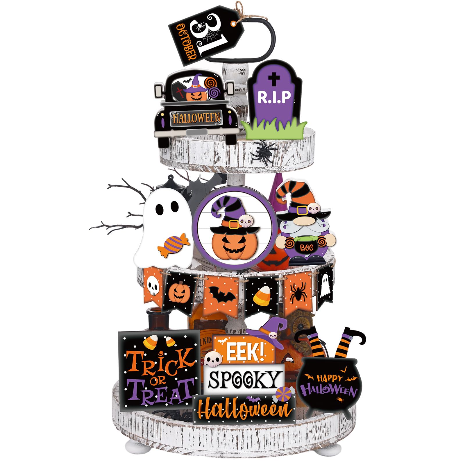 Umigy 15 Pcs Halloween Tiered Tray Decor Set Cute Halloween Wooden Signs Farmhouse Rustic Tiered Tray Decoration Items for Home Table House Room Kitchen Party (Ghost)