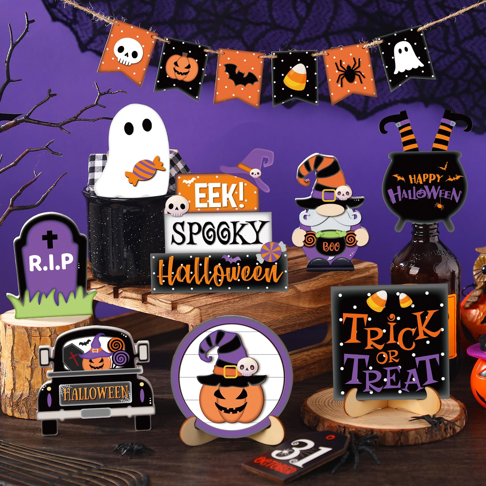 Umigy 15 Pcs Halloween Tiered Tray Decor Set Cute Halloween Wooden Signs Farmhouse Rustic Tiered Tray Decoration Items for Home Table House Room Kitchen Party (Ghost)