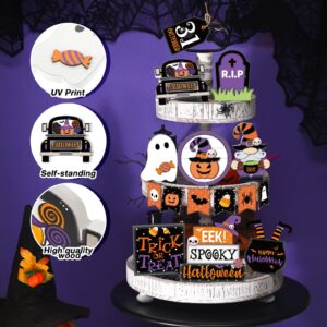 Umigy 15 Pcs Halloween Tiered Tray Decor Set Cute Halloween Wooden Signs Farmhouse Rustic Tiered Tray Decoration Items for Home Table House Room Kitchen Party (Ghost)