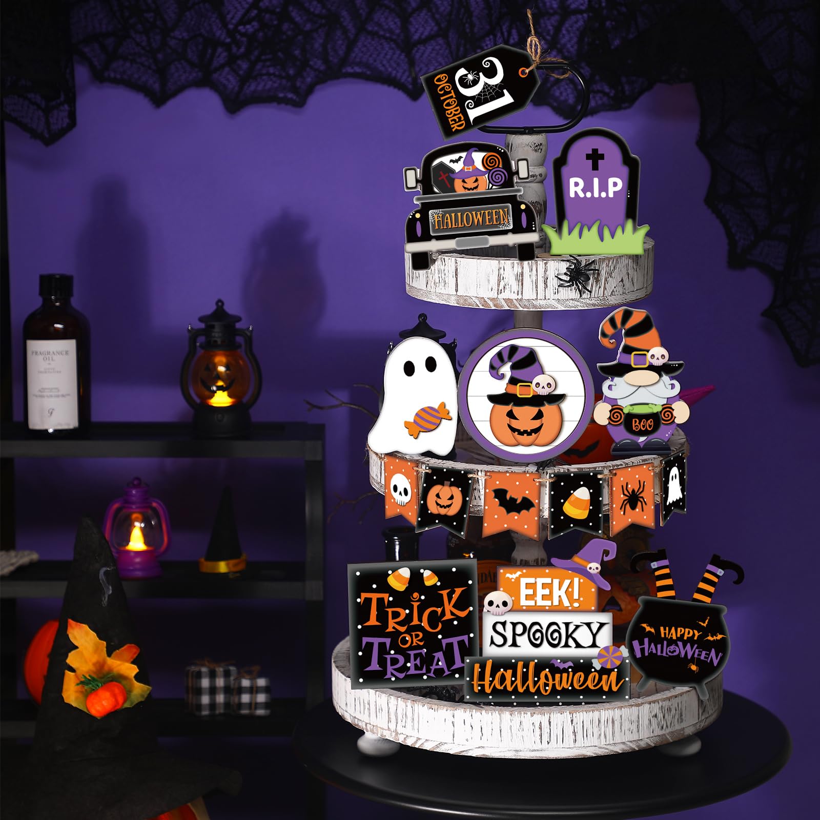 Umigy 15 Pcs Halloween Tiered Tray Decor Set Cute Halloween Wooden Signs Farmhouse Rustic Tiered Tray Decoration Items for Home Table House Room Kitchen Party (Ghost)