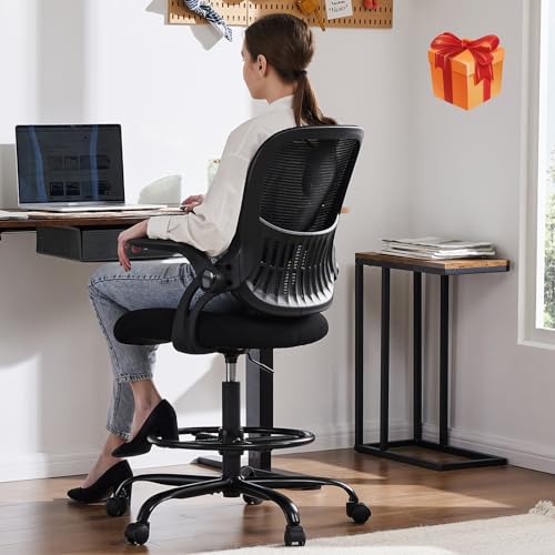 Sweetcrispy Drafting Tall Office Chair, High Ergonomic Standing Desk Computer Chairs-Mid-Back Mesh, Counter Height Stool with Flip-up Arms, Wheels and Adjustable Foot-Ring for Bar, Lab, Work, Black