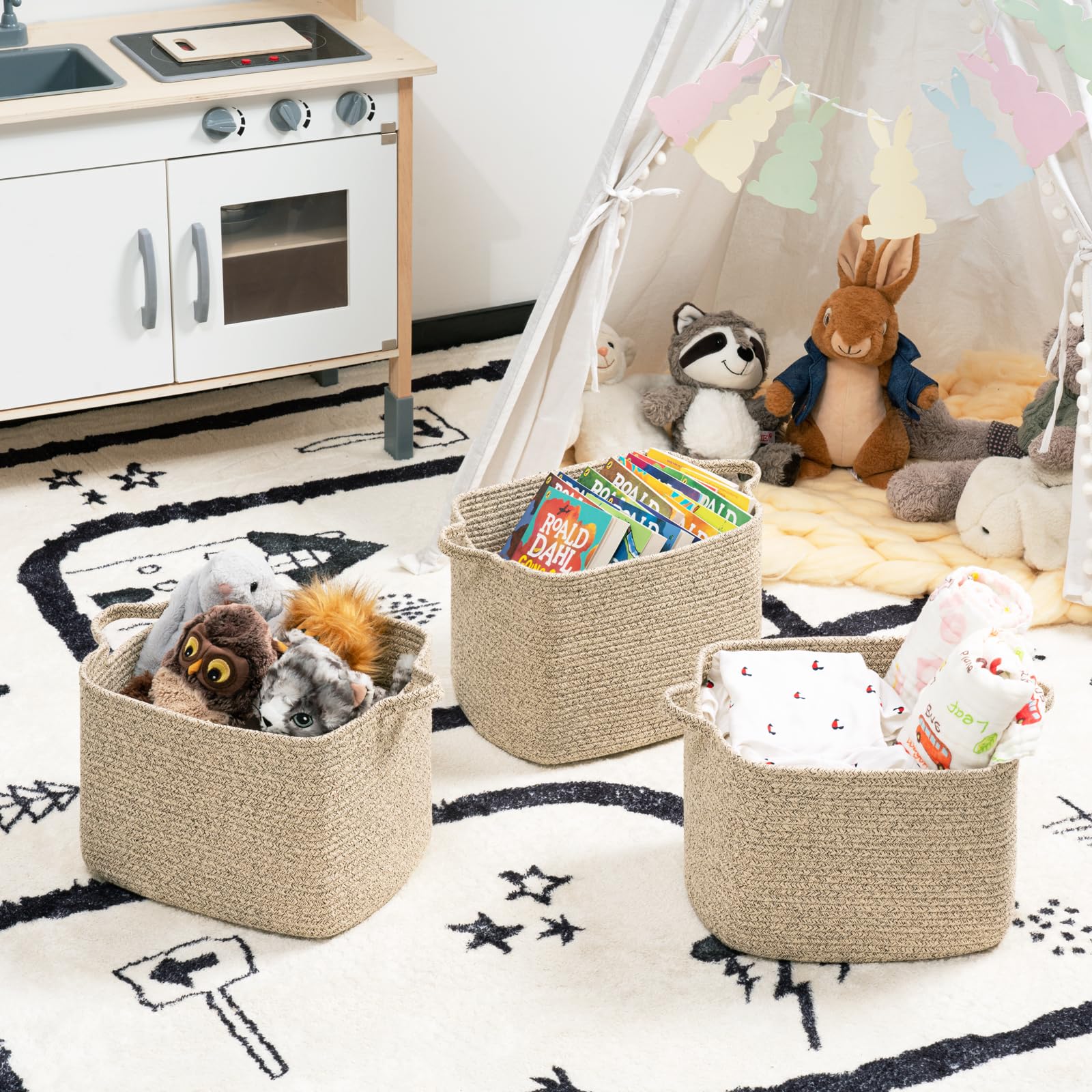 INDRESSME Woven Basket for Blankets, Shelf Basket for Towels, Books, Toy Basket for Baby, Rectangle Storage Basket for Nursery, Brown, 13 x 9.8 x 8.9 inches