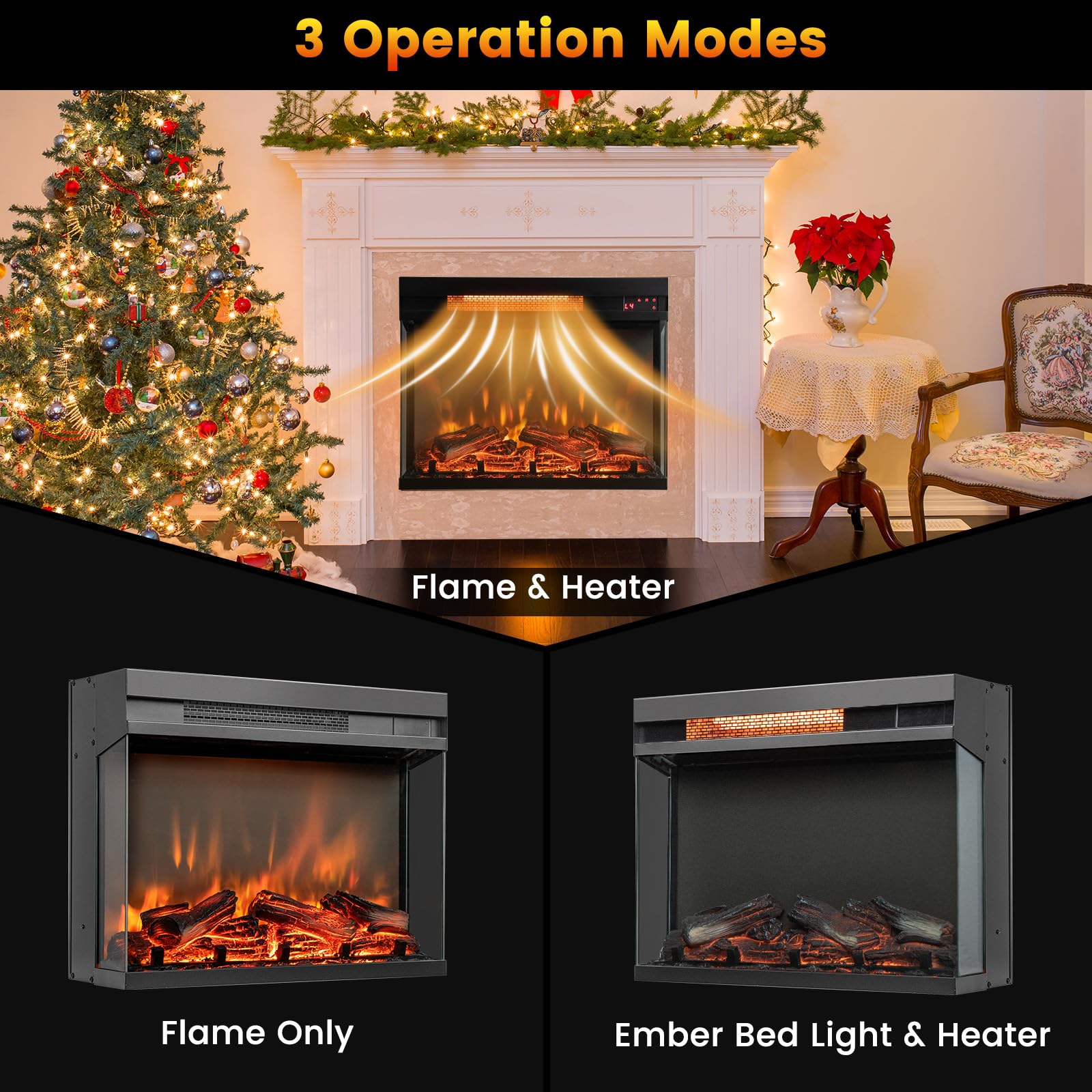 COSTWAY 3-Sided Electric Fireplace Insert with Remote Control, 23-inch Log Heater with Thermostat, Adjustable Brightness, 8H Timer, Overheat Protection, Fireplace Heater for Indoor Use, 1500W