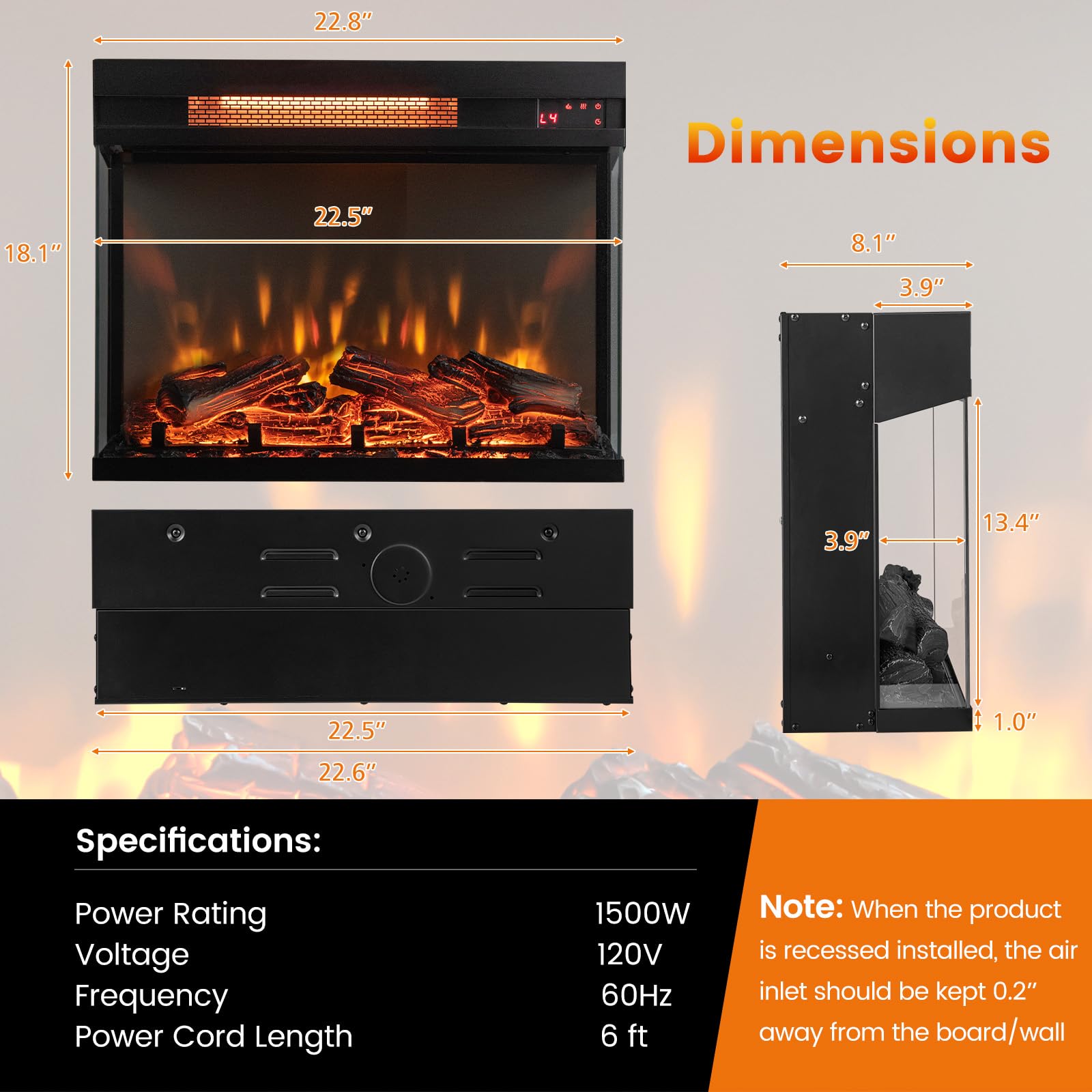 COSTWAY 3-Sided Electric Fireplace Insert with Remote Control, 23-inch Log Heater with Thermostat, Adjustable Brightness, 8H Timer, Overheat Protection, Fireplace Heater for Indoor Use, 1500W