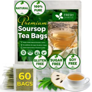 freshdrinkus, 60 premium - the top soursop graviola leaf tea bags, 100% pure & natural from soursop leaves, handmade, made with natural materials-corn fiber tea bag, sugar/caffeine/gluten free, hoja guanabana tea