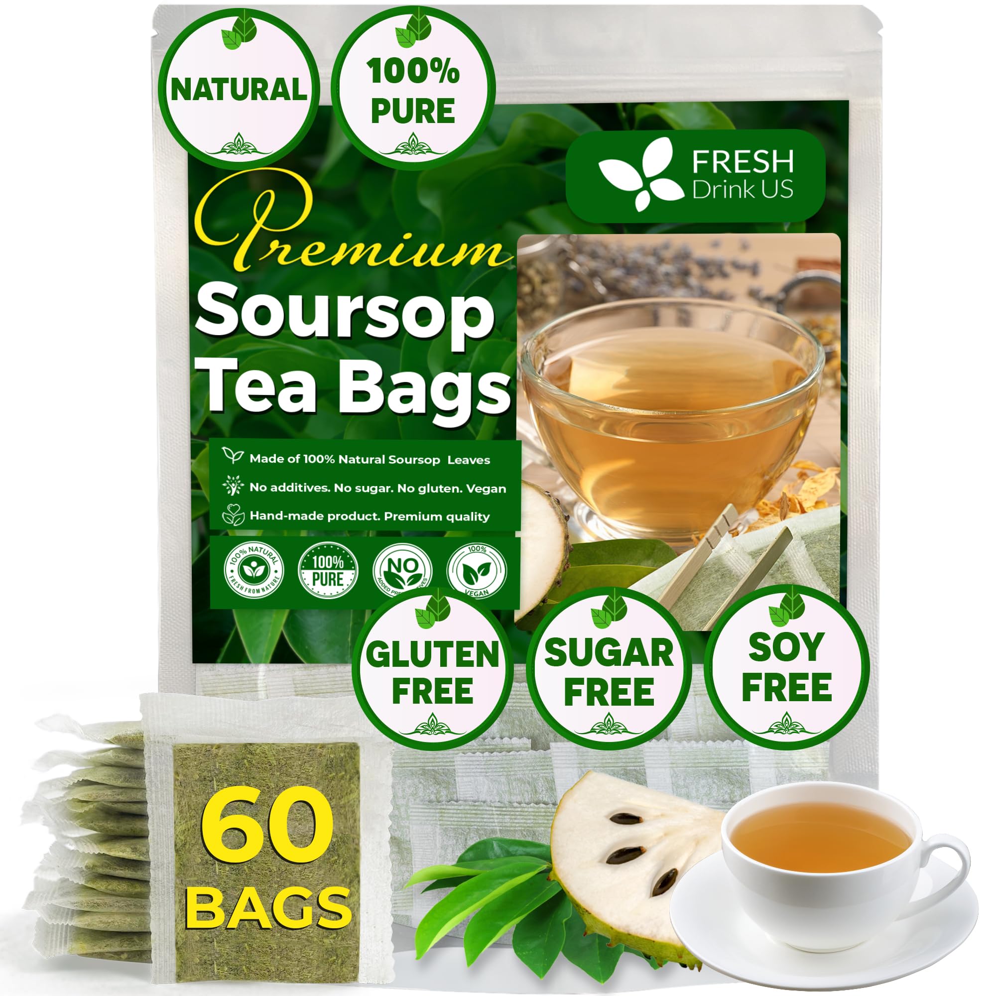 FreshDrinkUS, 60 Premium - The Top Soursop Graviola Leaf Tea Bags, 100% Pure & Natural from Soursop Leaves, Handmade, Made With Natural Materials-Corn Fiber Tea Bag, Sugar/Caffeine/Gluten Free, Hoja Guanabana Tea