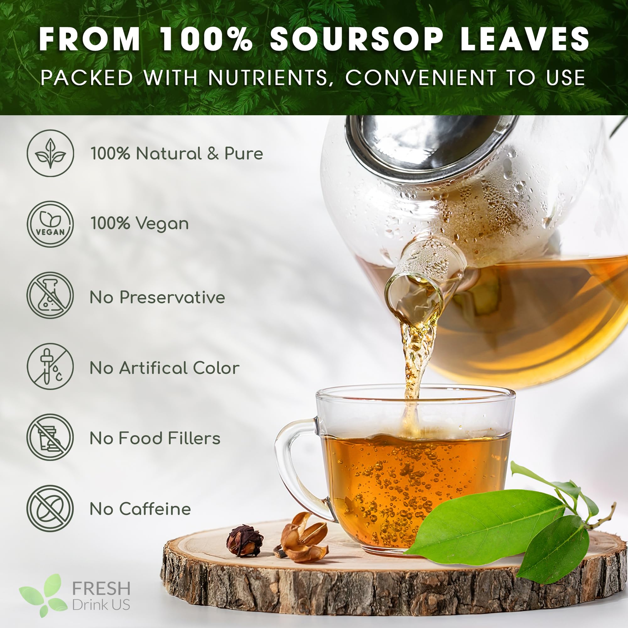 FreshDrinkUS, 60 Premium - The Top Soursop Graviola Leaf Tea Bags, 100% Pure & Natural from Soursop Leaves, Handmade, Made With Natural Materials-Corn Fiber Tea Bag, Sugar/Caffeine/Gluten Free, Hoja Guanabana Tea