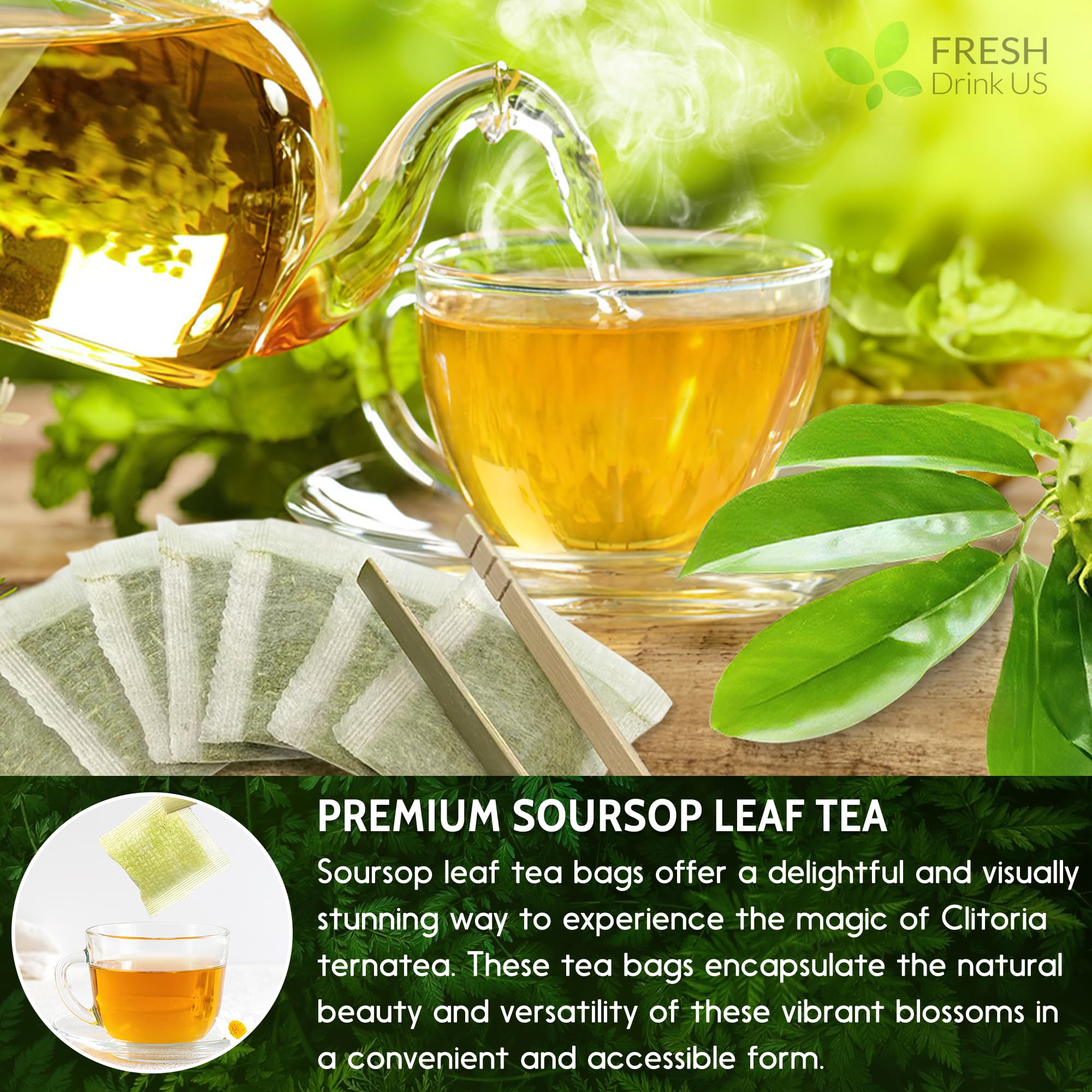 FreshDrinkUS, 60 Premium - The Top Soursop Graviola Leaf Tea Bags, 100% Pure & Natural from Soursop Leaves, Handmade, Made With Natural Materials-Corn Fiber Tea Bag, Sugar/Caffeine/Gluten Free, Hoja Guanabana Tea