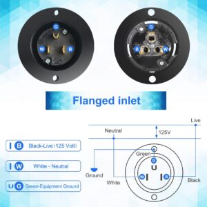 Flanged Inlet UL Listed 15 Amp 125V RV Electrical Inlet Male Receptacle with Waterproof Cover NEMA 5-15 Plug for Shore Power Marine Boat Commercial Grade 2 Pole 3 Wire