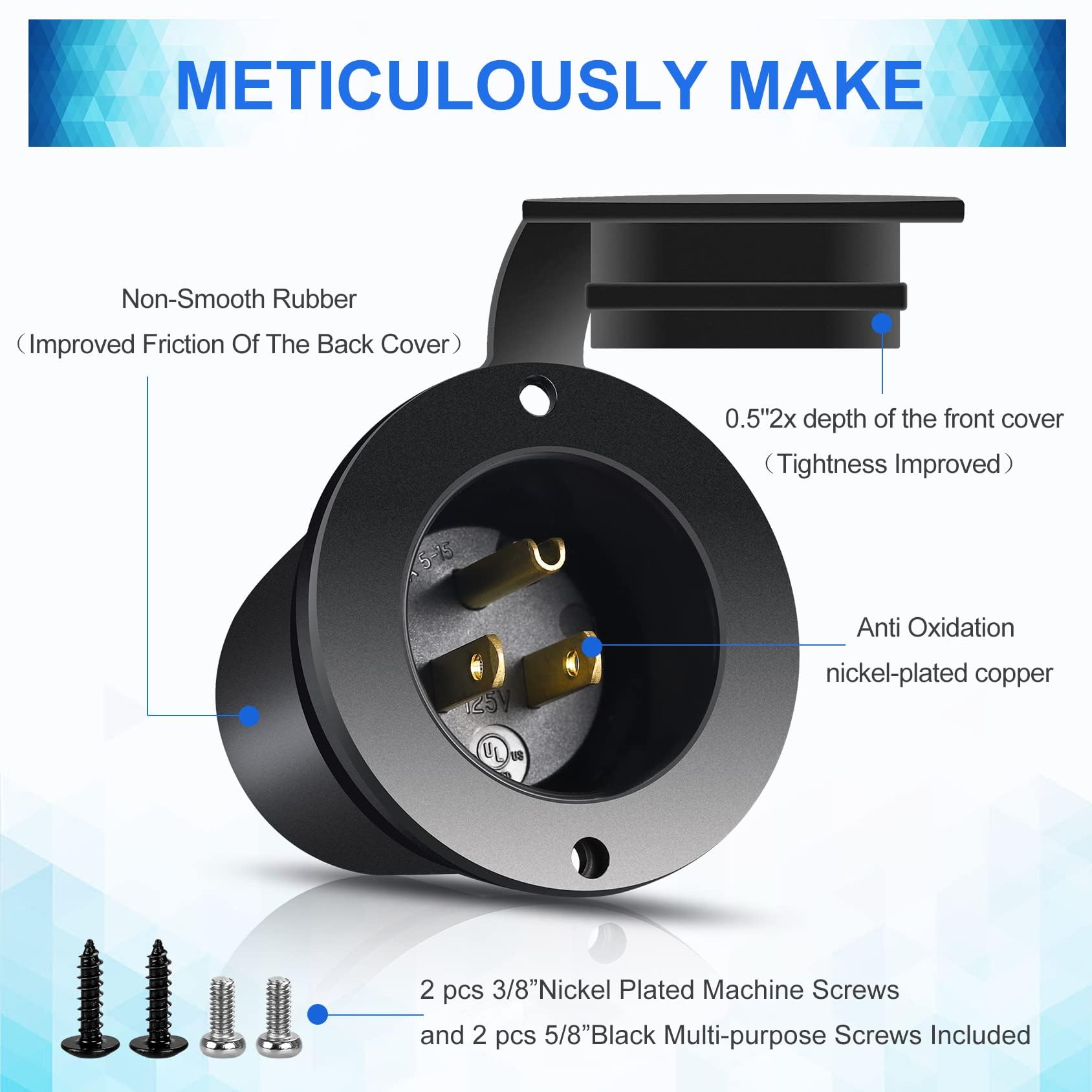 Flanged Inlet UL Listed 15 Amp 125V RV Electrical Inlet Male Receptacle with Waterproof Cover NEMA 5-15 Plug for Shore Power Marine Boat Commercial Grade 2 Pole 3 Wire