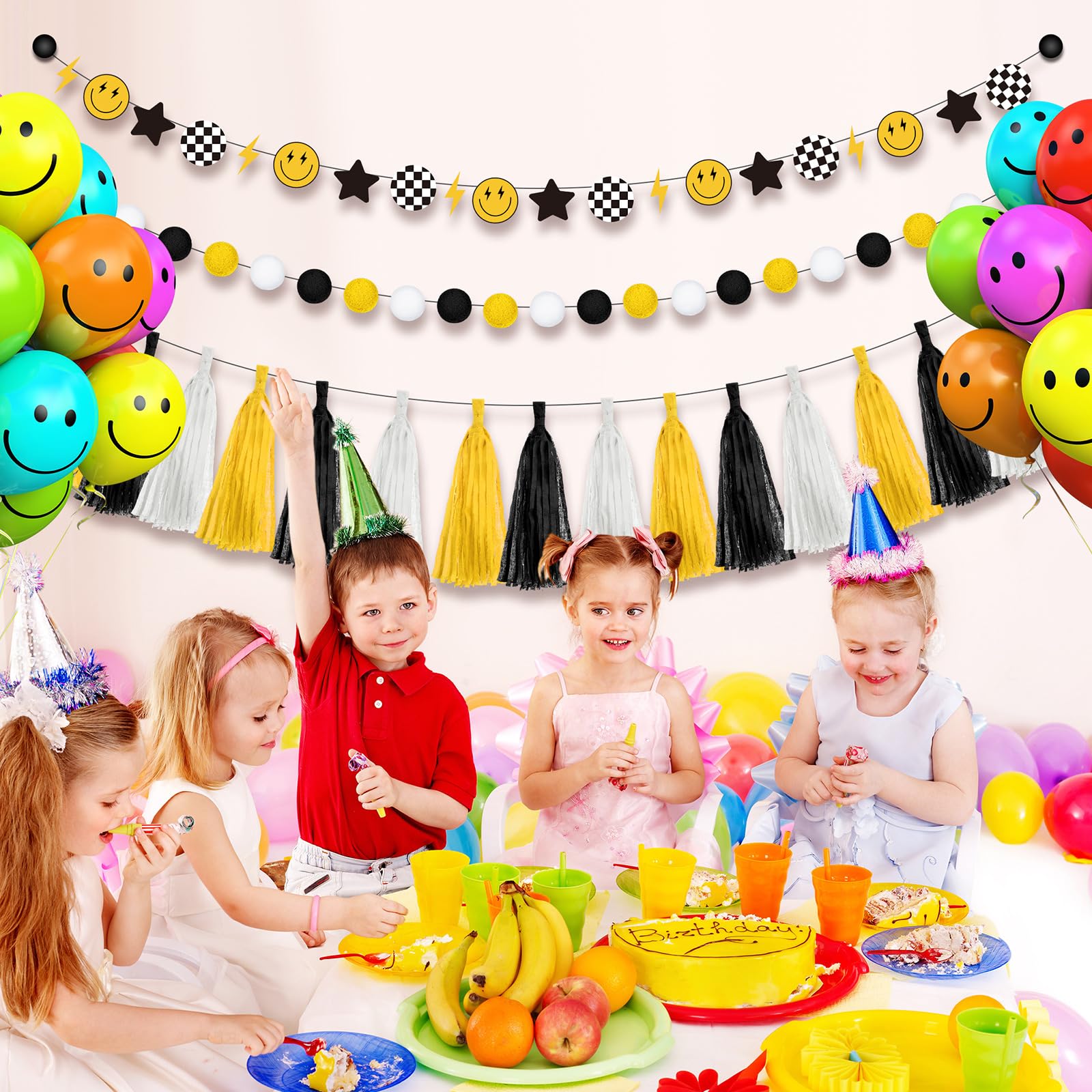 Qeeenar 53 Pcs One Happy Dude 1st Birthday Banner Lightning Smile Face Banner One Happy Dude Tassel Party Banner Hippie First Birthday Banner for Baby Shower Birthday Hippie Party Decoration Supplies