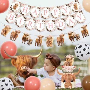 Highland Cow Birthday Decorations Girl, Boho Retro Floral Highland Cow Party Supplies - Happy Birthday Banner, Highland Cattle Garland, Cake Toppers, Balloons for Farm Animal Holy Cow Party Decor