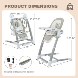 HONEY JOY 3 in 1 Baby Swings, Convertible Highchair for Babies and Toddlers, Compact Portable Infant Swing, Infant Booster Seat w/Double Tray, Music & Wheels, Easy Folding, Double Food Tray(Gray)