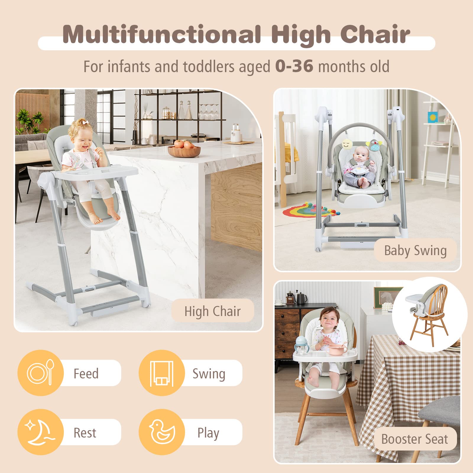 HONEY JOY 3 in 1 Baby Swings, Convertible Highchair for Babies and Toddlers, Compact Portable Infant Swing, Infant Booster Seat w/Double Tray, Music & Wheels, Easy Folding, Double Food Tray(Gray)