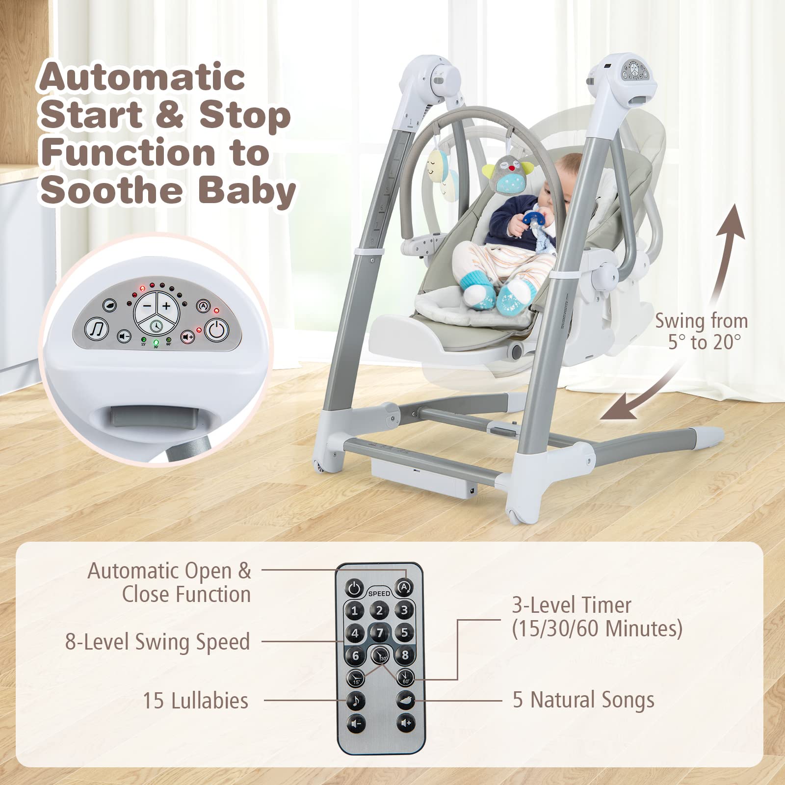 HONEY JOY 3 in 1 Baby Swings, Convertible Highchair for Babies and Toddlers, Compact Portable Infant Swing, Infant Booster Seat w/Double Tray, Music & Wheels, Easy Folding, Double Food Tray(Gray)