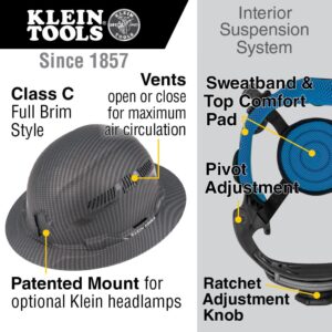 Klein Tools 60626 Hard Hat, Vented Full Brim Premium KARBN Design, Type 1 Class C Hard Hat, 4-Point Ratchet Suspension