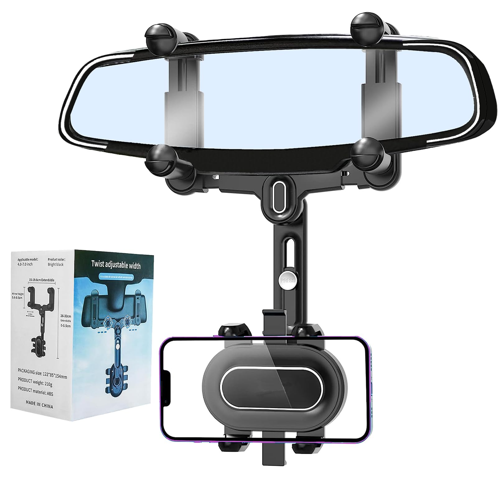 POWDAPTE Rear View Mirror Phone Holder, 360°Rotatable and Retractable Rearview Mirror Phone Holder for Car, Upgraded Four Corners Anti-Shake Multifunctional Design for All iPhone & Car Rearview Mirror