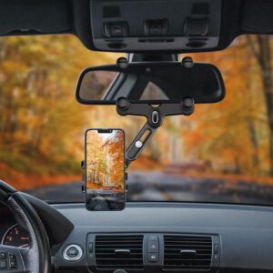 POWDAPTE Rear View Mirror Phone Holder, 360°Rotatable and Retractable Rearview Mirror Phone Holder for Car, Upgraded Four Corners Anti-Shake Multifunctional Design for All iPhone & Car Rearview Mirror