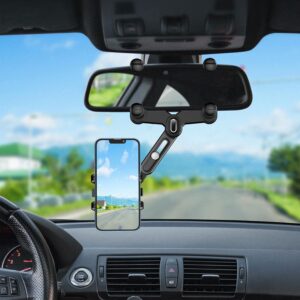 POWDAPTE Rear View Mirror Phone Holder, 360°Rotatable and Retractable Rearview Mirror Phone Holder for Car, Upgraded Four Corners Anti-Shake Multifunctional Design for All iPhone & Car Rearview Mirror