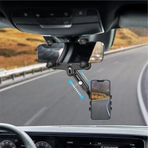 POWDAPTE Rear View Mirror Phone Holder, 360°Rotatable and Retractable Rearview Mirror Phone Holder for Car, Upgraded Four Corners Anti-Shake Multifunctional Design for All iPhone & Car Rearview Mirror