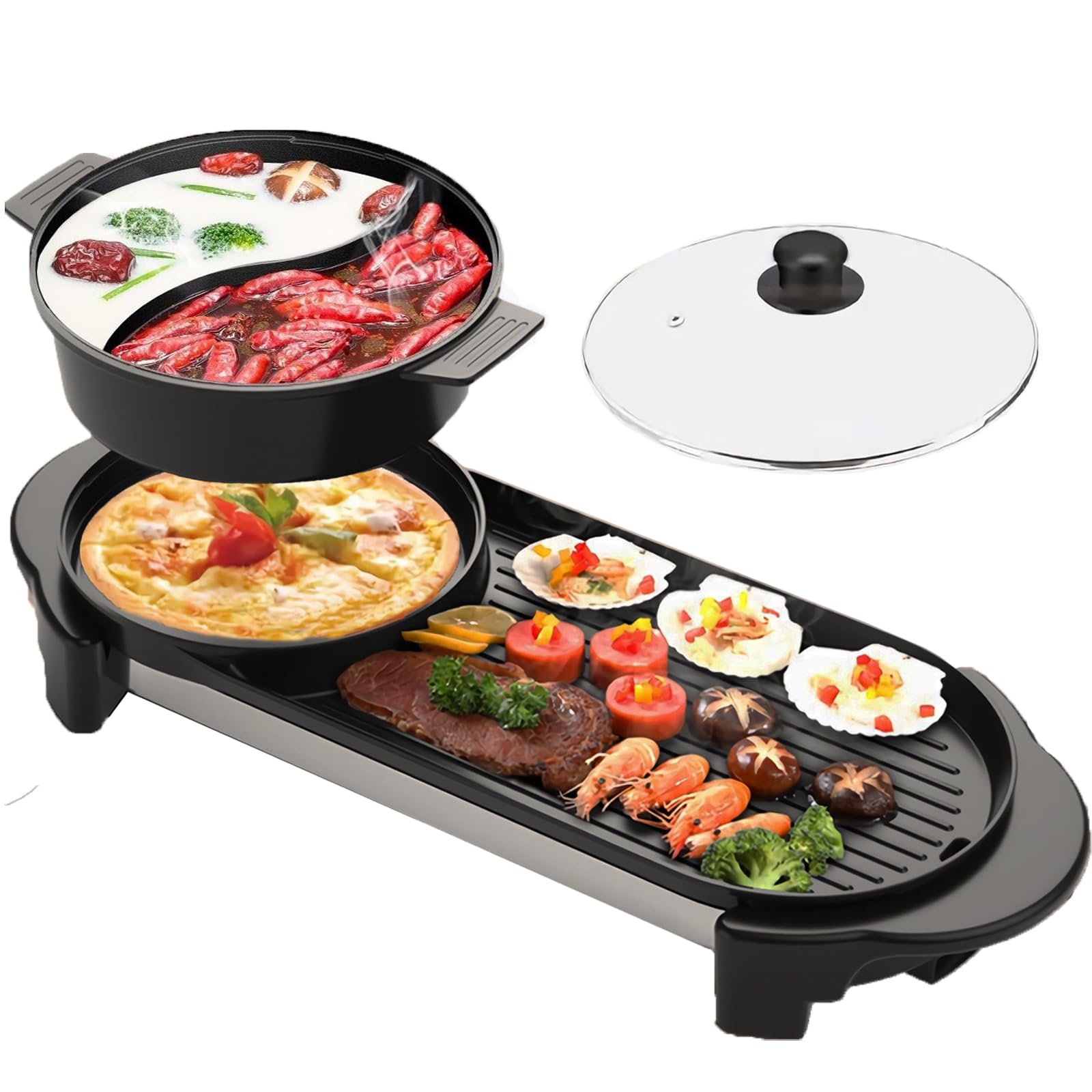 Hot Pot with Grill, Electric Hot Pot 2 in 1 Shabu Shabu Hot Pot Korean BBQ Grill, Removable Hotpot Pot 1200W / Large Capacity Baking Tray, Separate Temperature Control, Electric Grill for 2-12 People