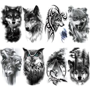 realistic wolf tattoo temporary for adult men, large half sleeve black forest wolf fake tattoo tribal adult teen women, animal owl scorpion big temp tatoo sticker arm chest body art makeup, 8-sheet