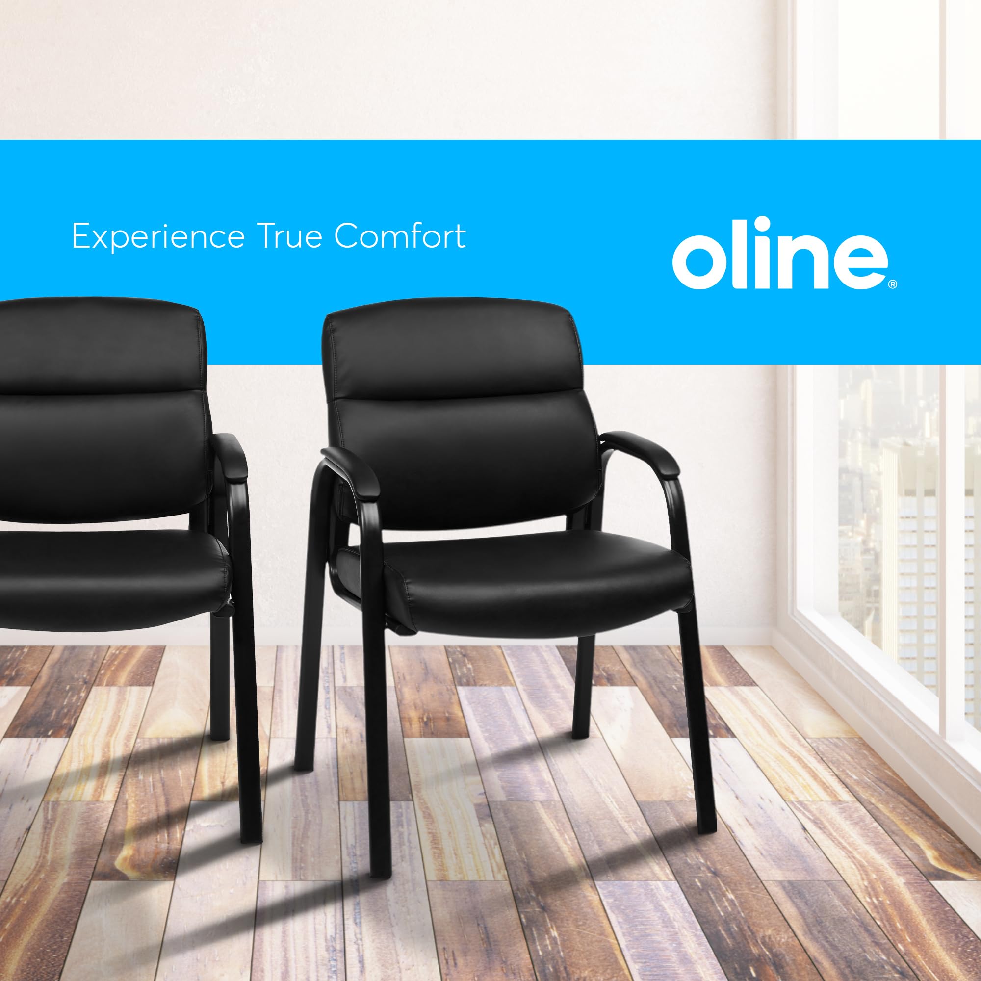 Oline Leather Guest Chair with Padded Arms, Reception Meeting Conference Waiting Room Lobby Home Desk Big and Tall Executive Office Chair, Black (1 Pack)