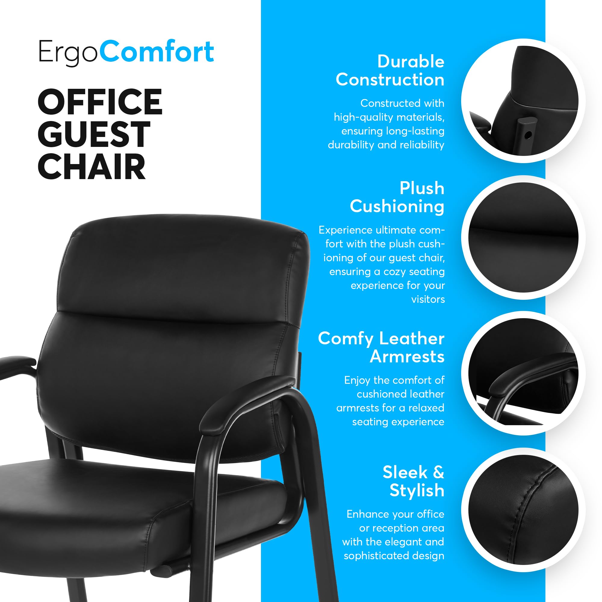 Oline Leather Guest Chair with Padded Arms, Reception Meeting Conference Waiting Room Lobby Home Desk Big and Tall Executive Office Chair, Black (1 Pack)