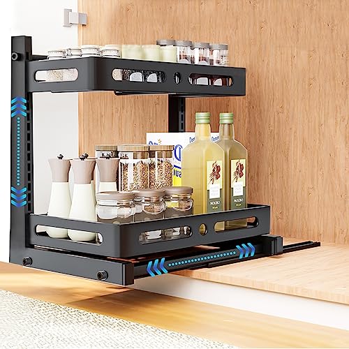 Under Sink Organizers and Storage, Pull Out Under Cabinet Organizer 2-Tier Spacing can be Adjusted Cabinet Storage Shelf, Multi-Use for Under Kitchen Bathroom Sink Organizers with Hooks(Black).