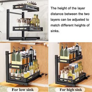 Under Sink Organizers and Storage, Pull Out Under Cabinet Organizer 2-Tier Spacing can be Adjusted Cabinet Storage Shelf, Multi-Use for Under Kitchen Bathroom Sink Organizers with Hooks(Black).