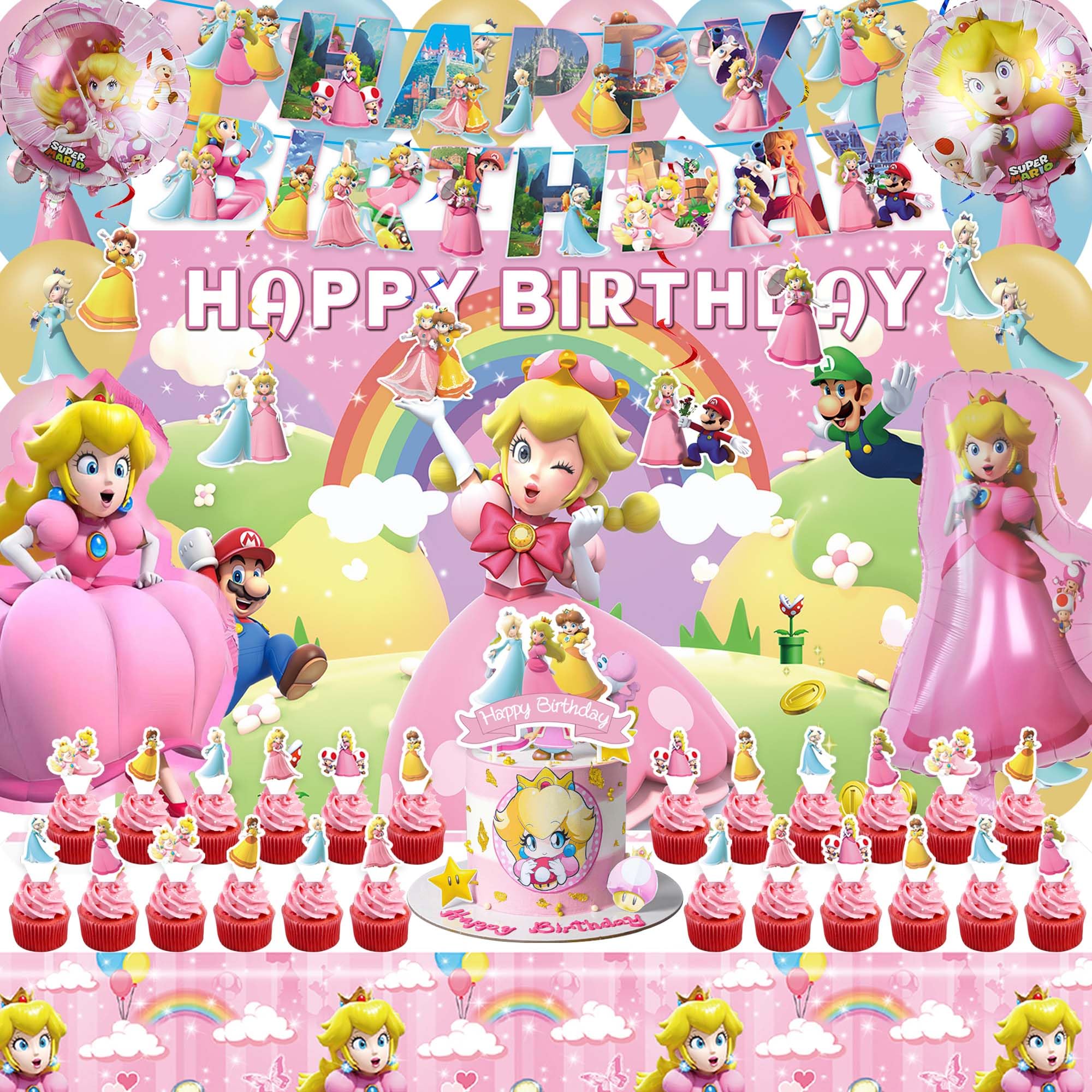 Princess Peach Birthday Party Supplies, Princess Peach Party Favors, Princess Peach Party Decorations Include Banners, Backdrop, Hanging Swirls, Balloons, Cake Decoration, Cupcake Toppers, Tablecloth