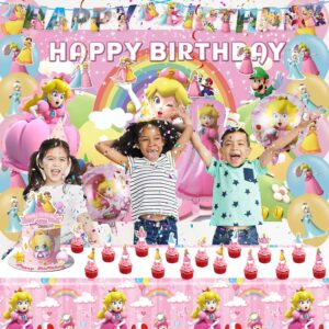 Princess Peach Birthday Party Supplies, Princess Peach Party Favors, Princess Peach Party Decorations Include Banners, Backdrop, Hanging Swirls, Balloons, Cake Decoration, Cupcake Toppers, Tablecloth