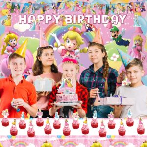 Princess Peach Birthday Party Supplies, Princess Peach Party Favors, Princess Peach Party Decorations Include Banners, Backdrop, Hanging Swirls, Balloons, Cake Decoration, Cupcake Toppers, Tablecloth