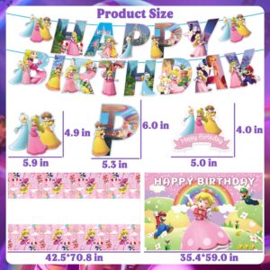 Princess Peach Birthday Party Supplies, Princess Peach Party Favors, Princess Peach Party Decorations Include Banners, Backdrop, Hanging Swirls, Balloons, Cake Decoration, Cupcake Toppers, Tablecloth