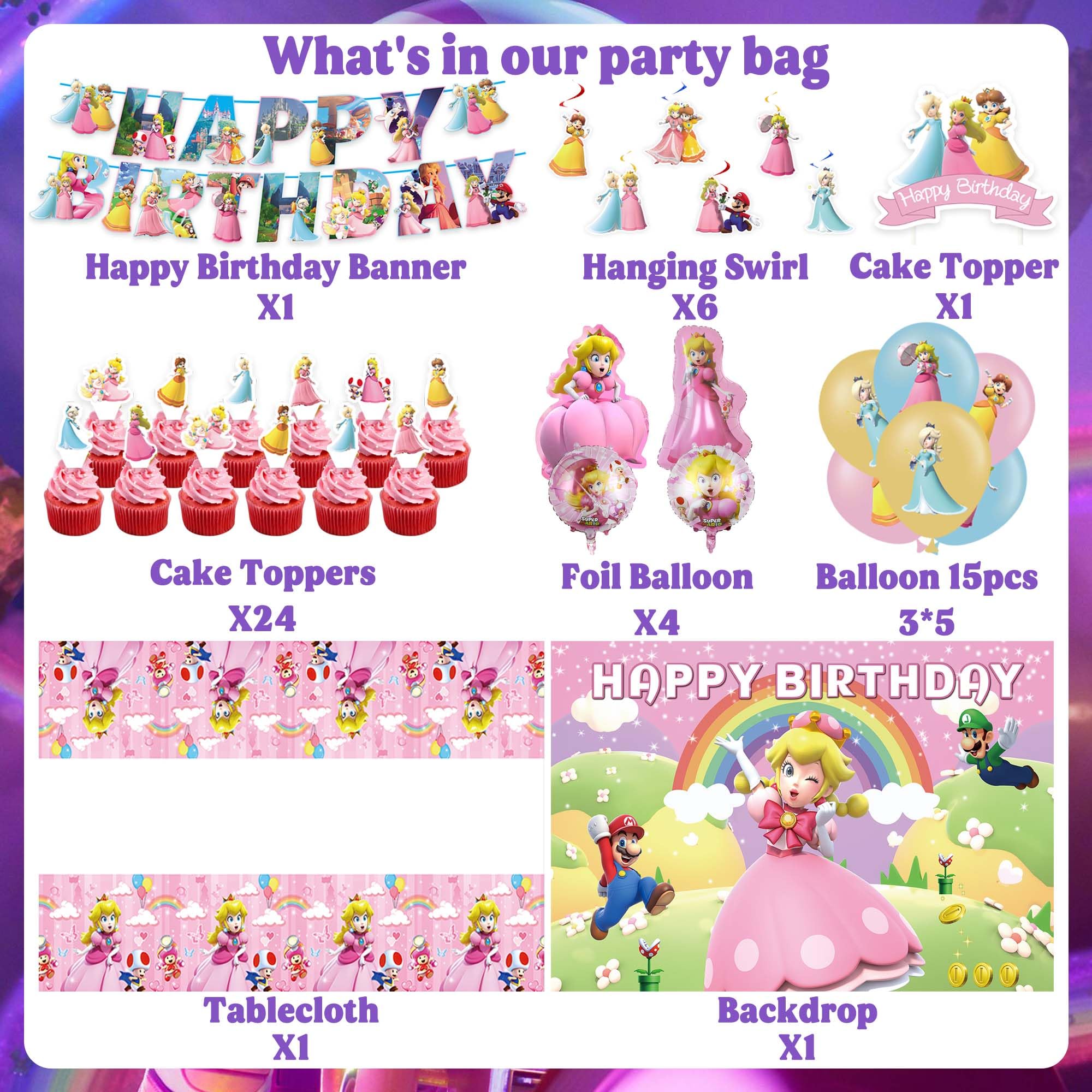 Princess Peach Birthday Party Supplies, Princess Peach Party Favors, Princess Peach Party Decorations Include Banners, Backdrop, Hanging Swirls, Balloons, Cake Decoration, Cupcake Toppers, Tablecloth