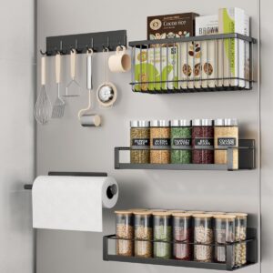 ALLZONE Magnetic Spice Rack for Refrigerator, 5 Pack Fridge Spice Organizer, Strong Magnet Shelf with Wrap Rack and Utensil Hook, Removable Side Fridge Storage Rack for Kitchen