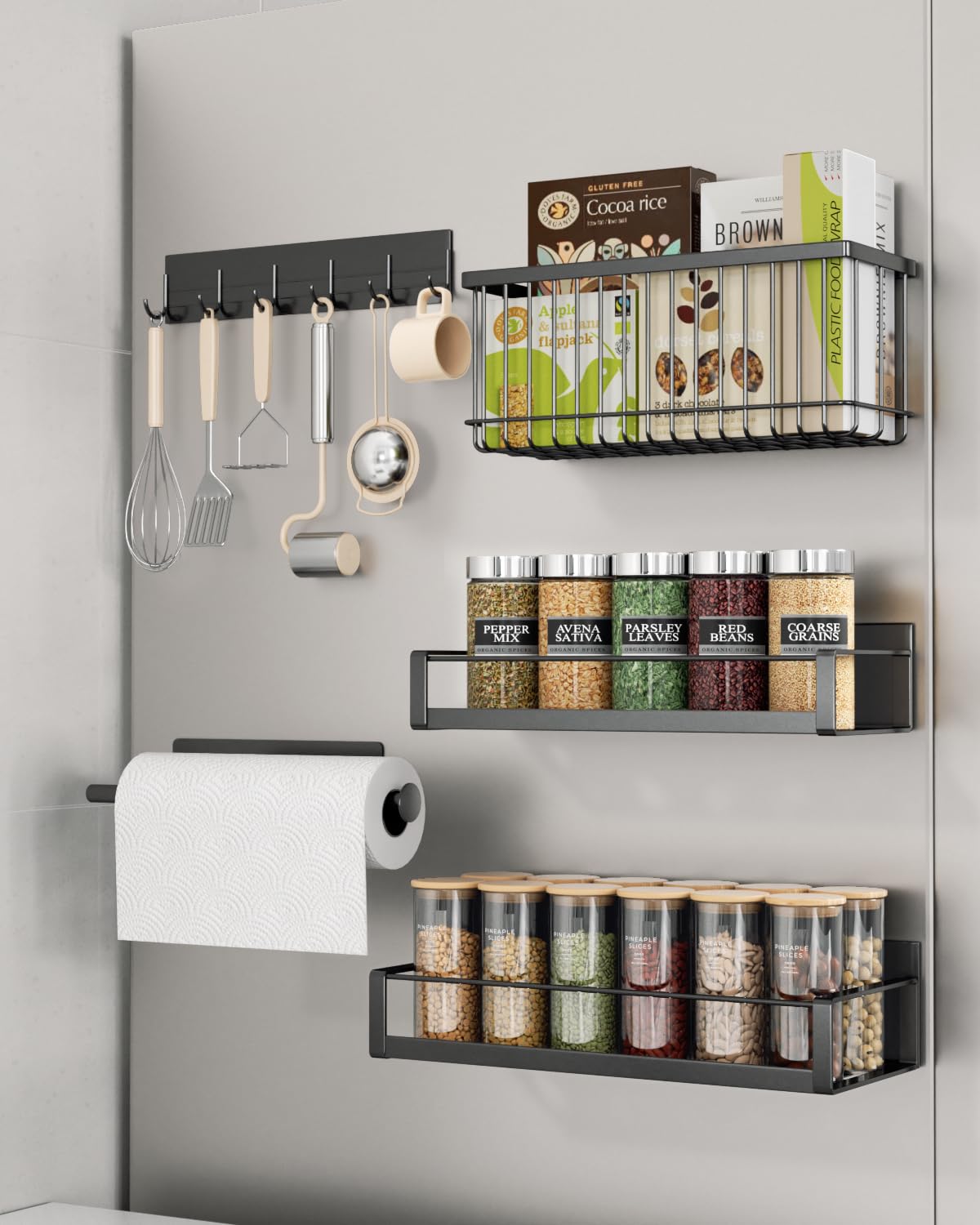 ALLZONE Magnetic Spice Rack for Refrigerator, 5 Pack Fridge Spice Organizer, Strong Magnet Shelf with Wrap Rack and Utensil Hook, Removable Side Fridge Storage Rack for Kitchen