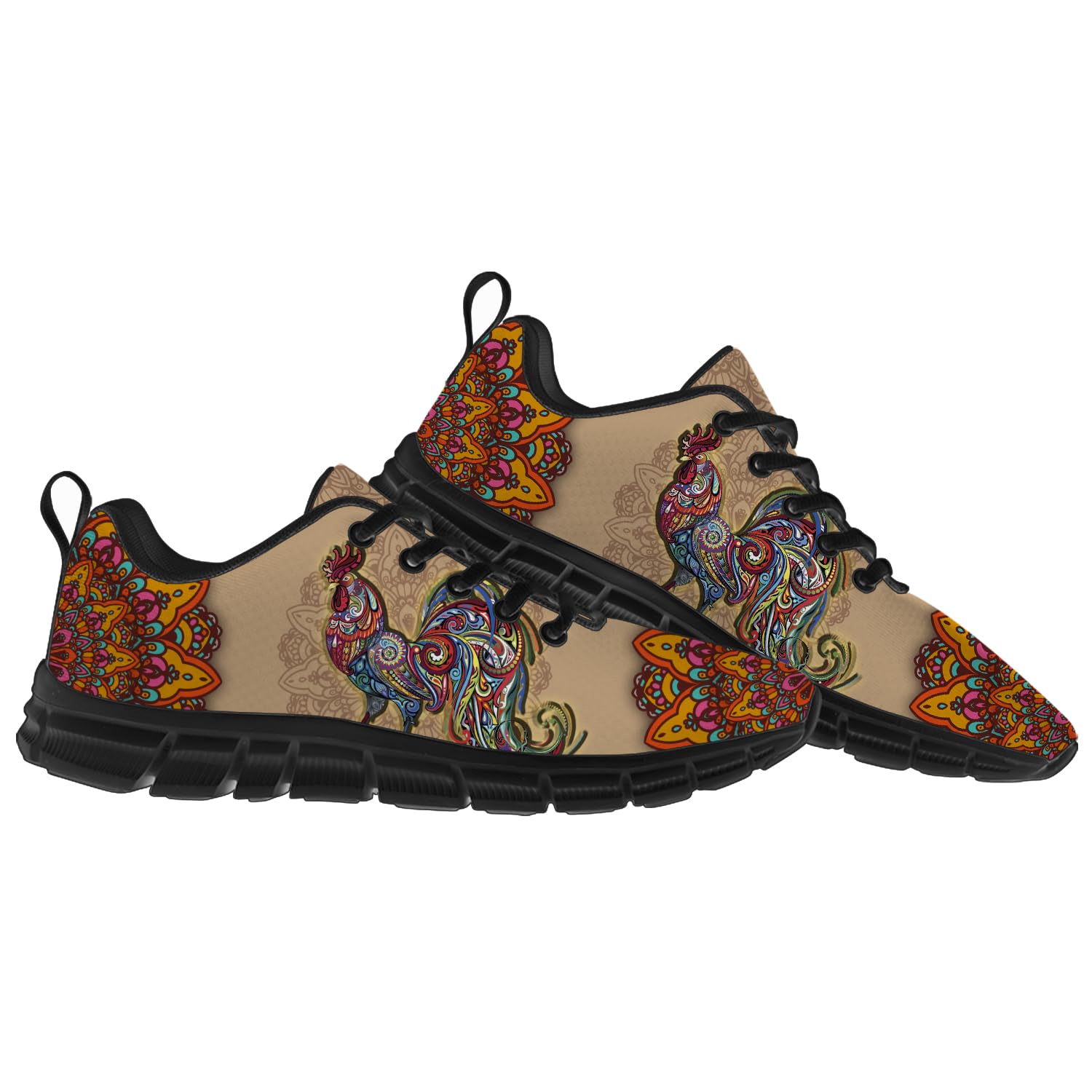 Mens Womens Rooster Shoes Running Walking Tennis Sneakers Mandala Rooster Flower Farm Animal Shoes Gifts for Women Men,Size 9 Men/10.5 Women Black