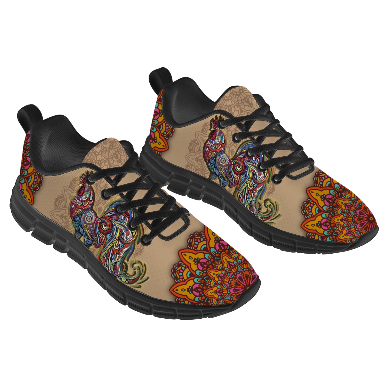 Mens Womens Rooster Shoes Running Walking Tennis Sneakers Mandala Rooster Flower Farm Animal Shoes Gifts for Women Men,Size 9 Men/10.5 Women Black