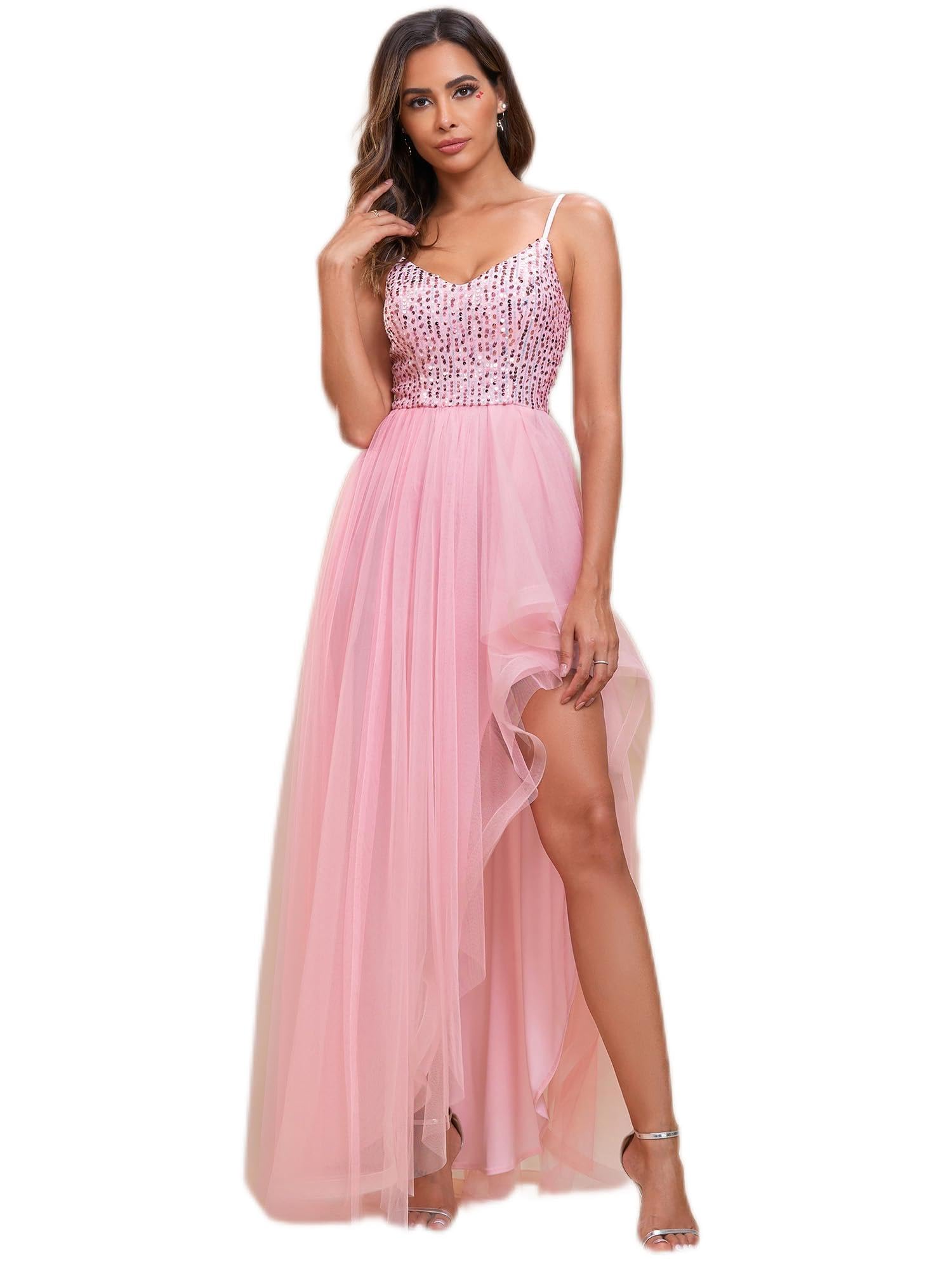 Ever-Pretty Women's Sequin Spaghetti Straps Double V Neck Tulle Formal Dresses Graduation Dress Pink US10