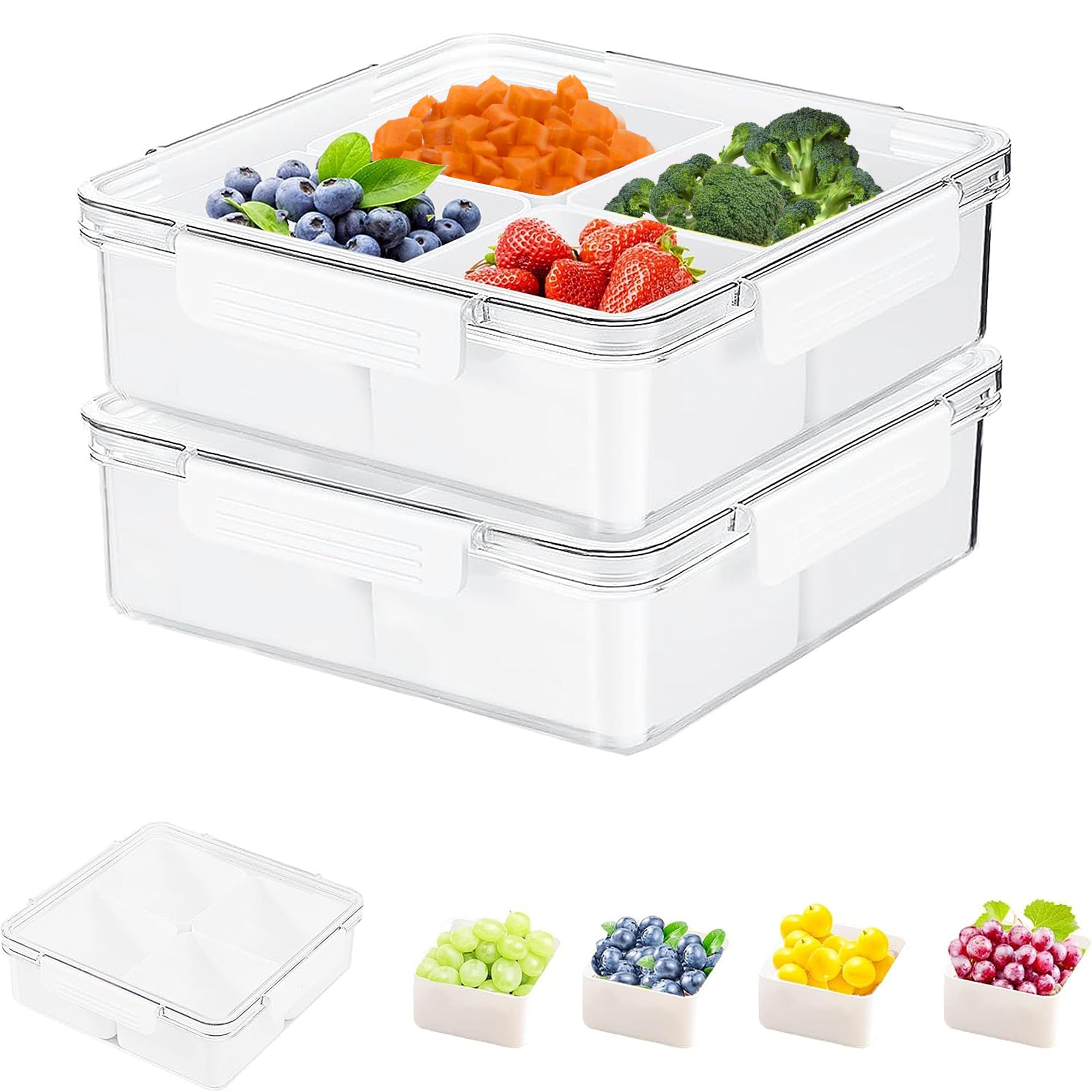 2 Pack Divided Serving Tray with Lids & Removable Veggie Tray with Lid,Square Divided Fruit Vegetable Snack Tray Container with 4 Compartments for Refrigerator