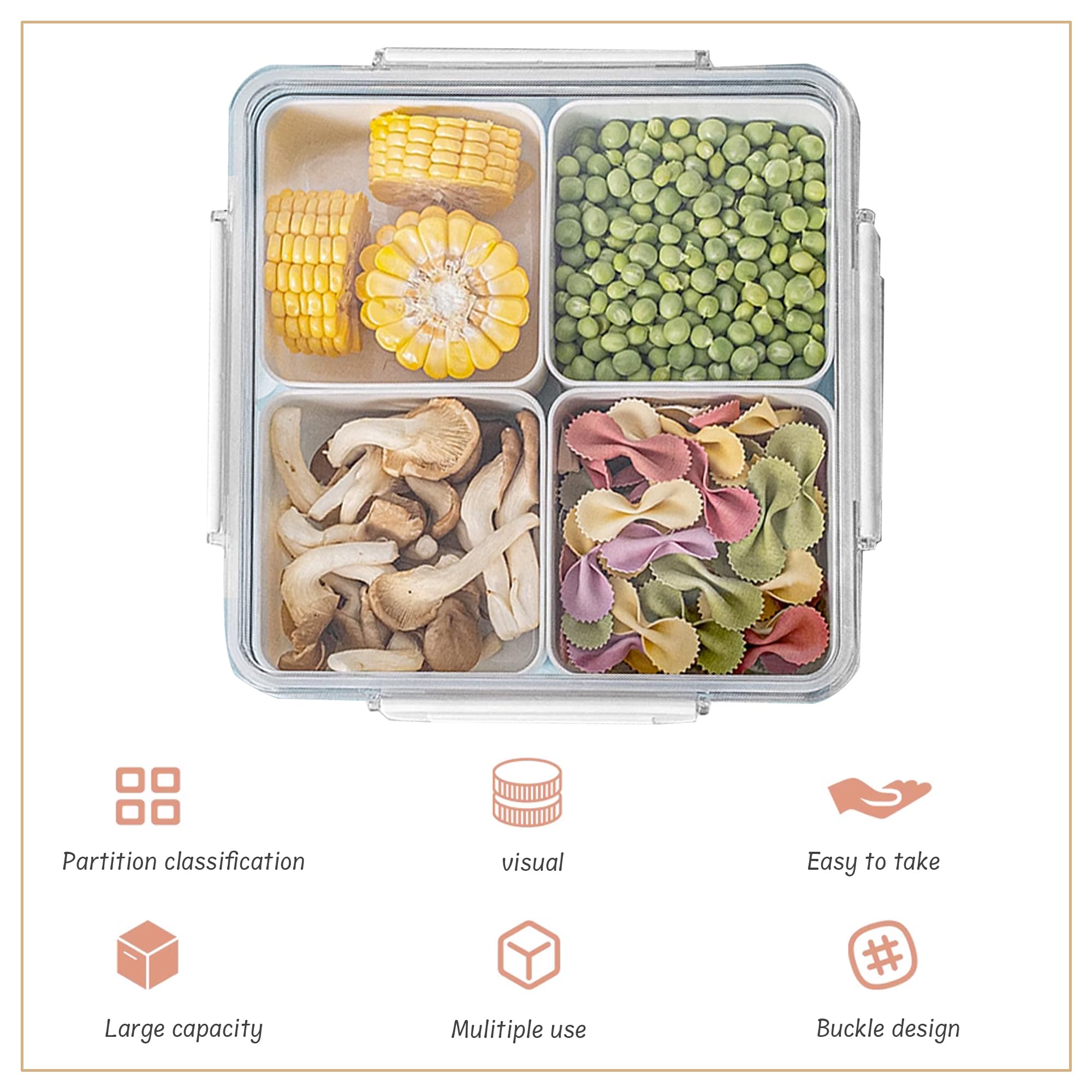 2 Pack Divided Serving Tray with Lids & Removable Veggie Tray with Lid,Square Divided Fruit Vegetable Snack Tray Container with 4 Compartments for Refrigerator