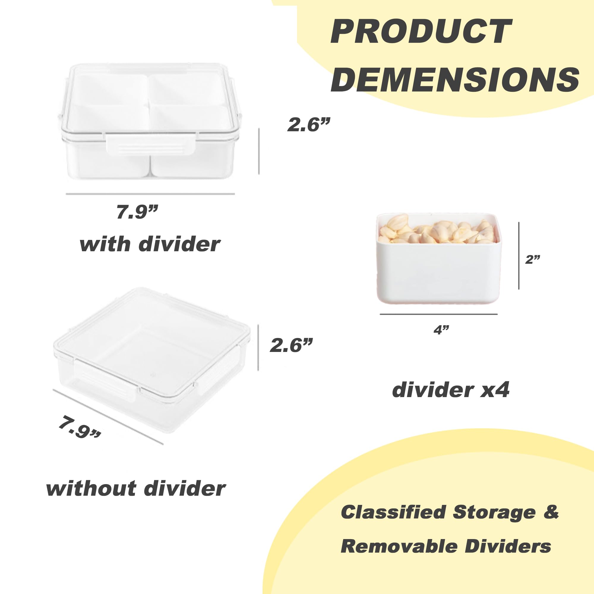 2 Pack Divided Serving Tray with Lids & Removable Veggie Tray with Lid,Square Divided Fruit Vegetable Snack Tray Container with 4 Compartments for Refrigerator