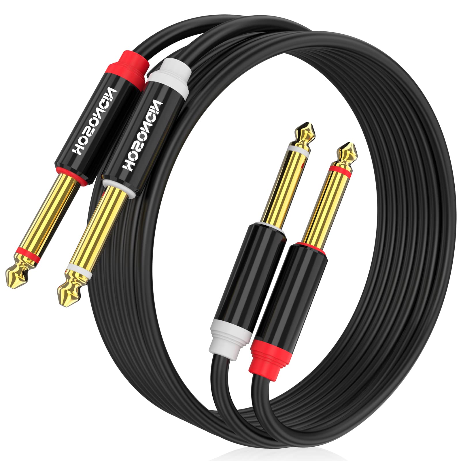 HOSONGIN Dual 1/4 inch TS to Dual 1/4 inch TS Stereo Interconnect Insert Cable for Amplifer Mixer, 20 Feet, PVC Jacket-Gold Plated Plug-Double Shielding