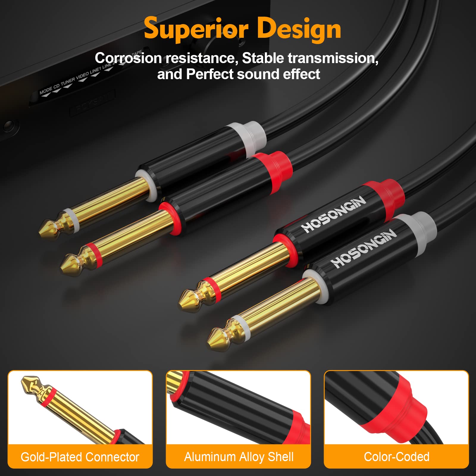 HOSONGIN Dual 1/4 inch TS to Dual 1/4 inch TS Stereo Interconnect Insert Cable for Amplifer Mixer, 20 Feet, PVC Jacket-Gold Plated Plug-Double Shielding