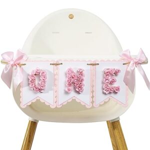 Flower 1st Birthday High Chair Banner - Pink and Gold One Birthday Banner, Princess 1st Birthday Decoration, Rose First Birthday Highchair Banner, Flower One Letters