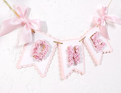 Flower 1st Birthday High Chair Banner - Pink and Gold One Birthday Banner, Princess 1st Birthday Decoration, Rose First Birthday Highchair Banner, Flower One Letters